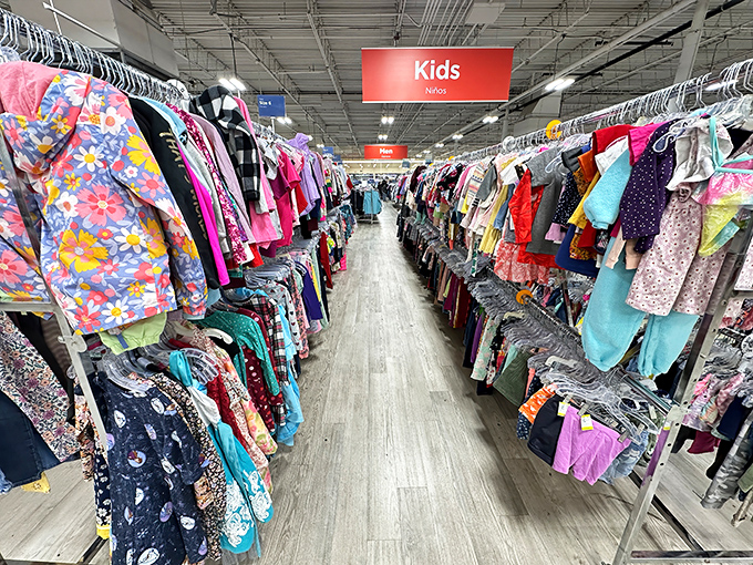 Rows of kids' clothing stretch endlessly, proving that outfitting growing children doesn't require liquidating your retirement fund.