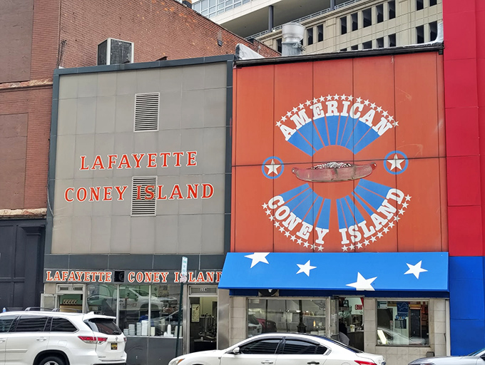 The legendary Lafayette sits next to its eternal rival, creating Detroit's most delicious neighborhood feud.