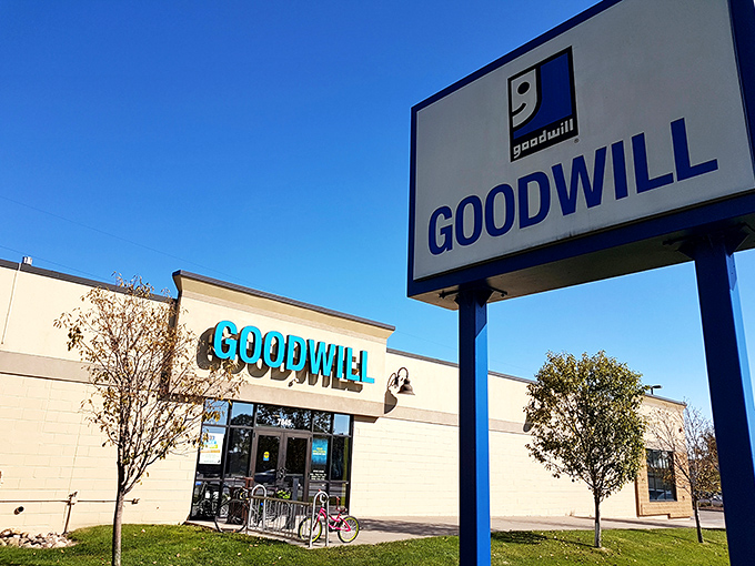 Same Goodwill sign, different angle &ndash; because sometimes good things deserve a second look, just like that vintage jacket inside.