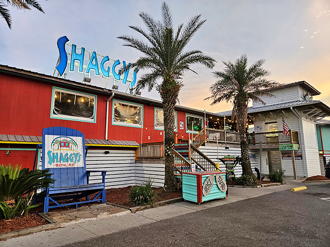Shaggy's vibrant red exterior with towering palm trees isn't just a restaurant&mdash;it's a beacon of seafood salvation on Biloxi Beach.