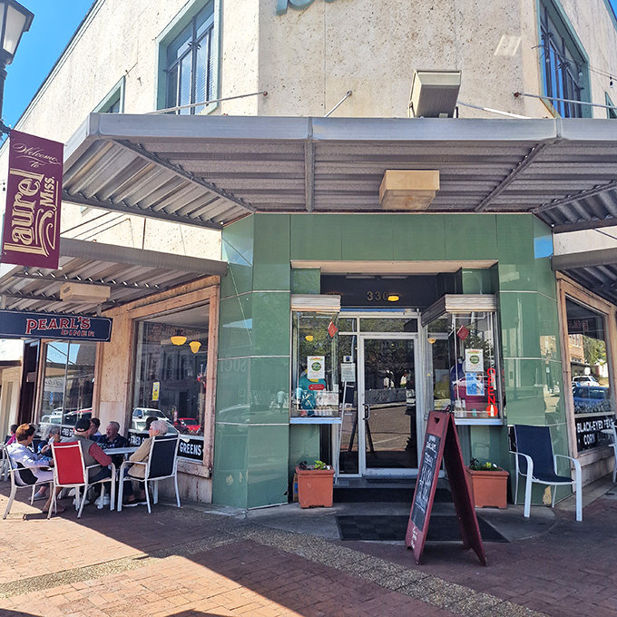 Pearl's Diner's inviting entrance beckons from downtown Laurel, where outdoor seating lets you enjoy your breakfast while watching the town wake up.