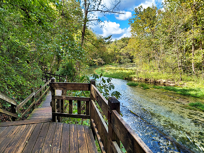 The wooden boardwalk at Ha Ha Tonka invites you to pause and marvel at nature's crystal-clear masterpiece. Somewhere, a fish is wondering why you're staring.