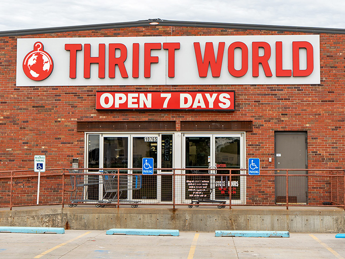 The iconic red Thrift World sign beckons bargain hunters like a lighthouse for the frugally fabulous. Open seven days for your treasure-hunting convenience!