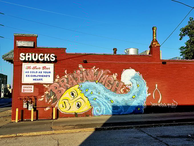 The bright red exterior of Shucks announces itself with unmistakable humor: "Beer as cold as your ex-girlfriend's heart." Nebraska's coastal oasis doesn't pull punches.