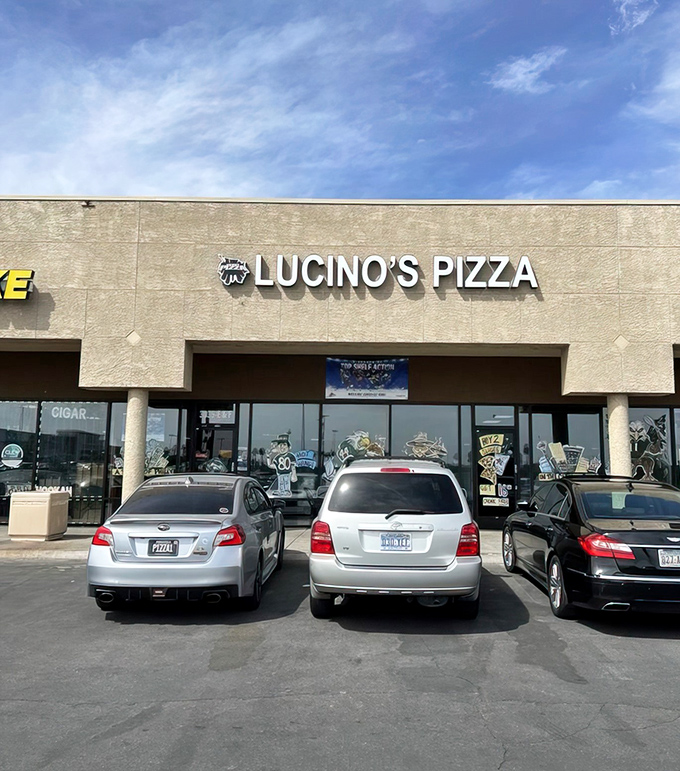 The desert sun bounces off Lucino's simple exterior, a pizza oasis where locals' parked cars tell the real story &ndash; this place is worth finding.