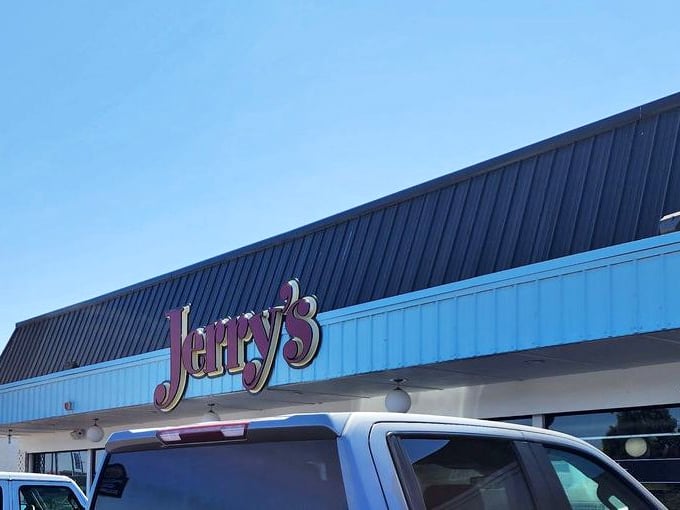 That iconic blue trim and bold signage &ndash; Jerry's isn't trying to be trendy, it's trying to be timeless. Mission accomplished.