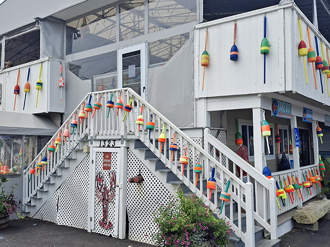 Those rainbow-colored buoys aren't just decoration&mdash;they're a siren call to seafood lovers everywhere. Petey's exterior promises nautical charm and fresh catches.