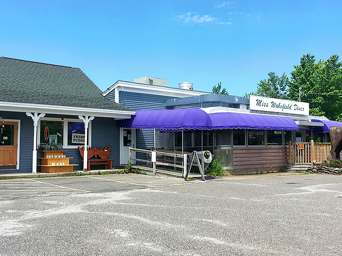 The iconic purple awnings of Miss Wakefield Diner stand out like a beacon of breakfast hope alongside Gracie's Country Store. Small-town New Hampshire dining at its most authentic.