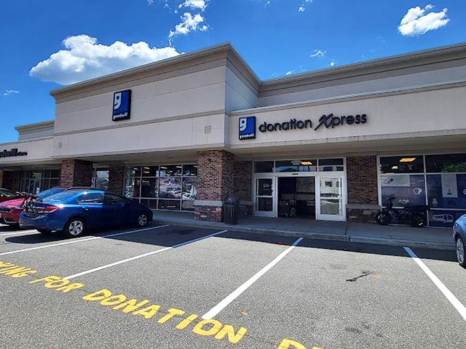 The Goodwill Donation Express welcomes bargain hunters with its unassuming storefront, hiding treasures that would make any thrift enthusiast's heart skip a beat.