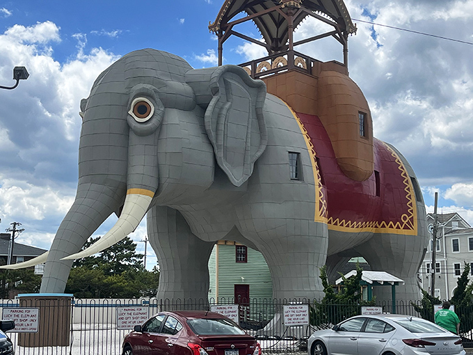 Lucy rises proudly against the Jersey sky, her six-story frame towering over beach houses below. Her tusks, both grand and intricate, are true architectural wonders.