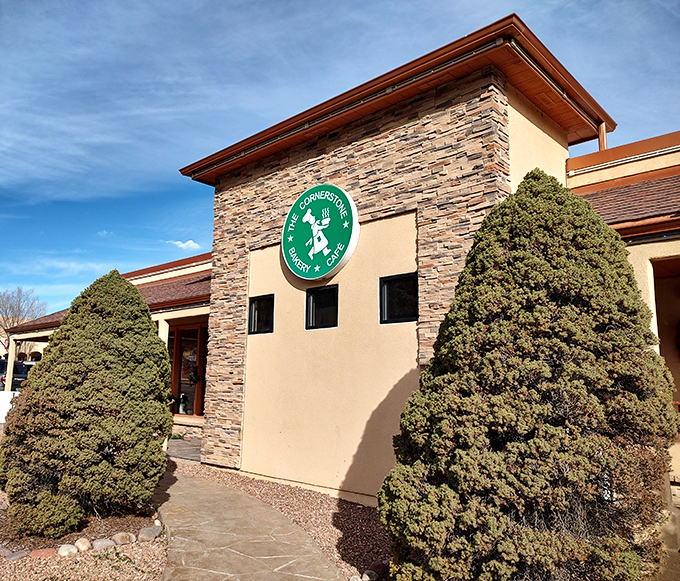 Stone meets adobe in this quintessential New Mexico exterior. The chef logo promises what awaits inside: food prepared with mountain-high standards.