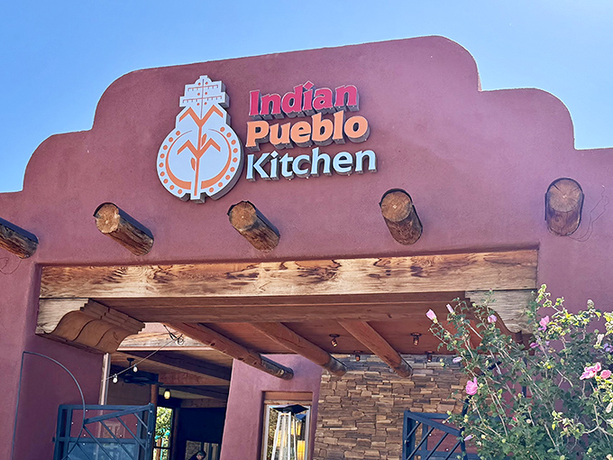 The terracotta fa&ccedil;ade of Indian Pueblo Kitchen welcomes you like a warm hug, those wooden vigas jutting out like nature's exclamation points.