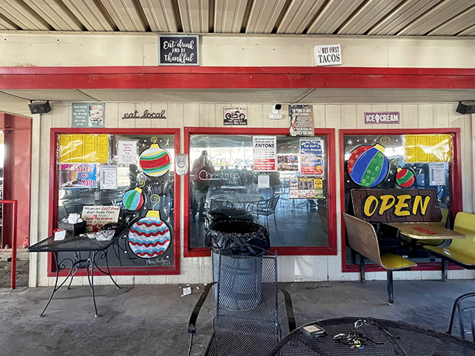 Holiday decorations and an "Eat Local" sign welcome hungry patrons to this no-frills treasure where flavor trumps fancy.
