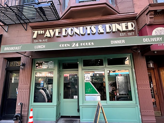The iconic green storefront of 7th Avenue Donuts & Diner beckons like a lighthouse for the hungry at any hour. Open 24/7 since 1977, it's Brooklyn comfort food personified.