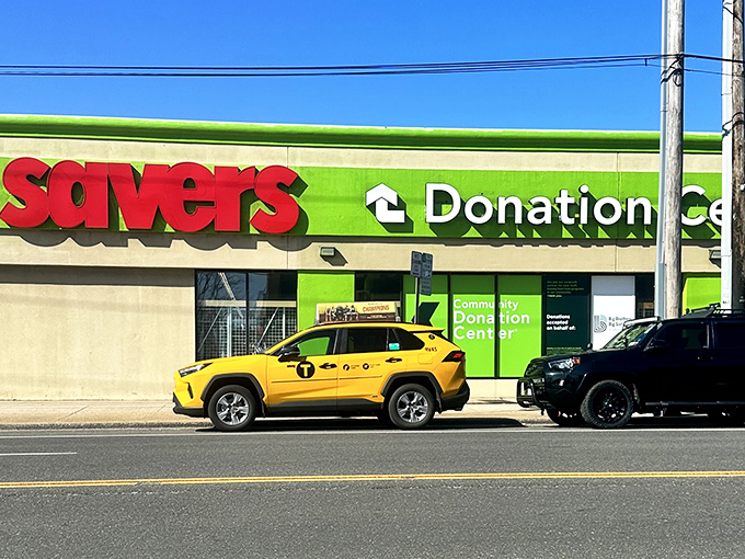 That iconic red Savers sign against the bright green backdrop – like Christmas morning for thrift enthusiasts all year round.