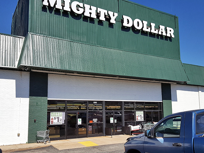 The iconic green-roofed Mighty Dollar stands like a beacon of bargain hope on East Dixon Boulevard in Shelby, promising treasures that won't empty your wallet.