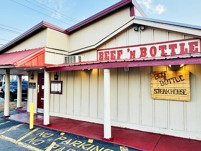The unassuming exterior of Beef 'N Bottle is like finding a speakeasy that specializes in perfect prime rib instead of bathtub gin.