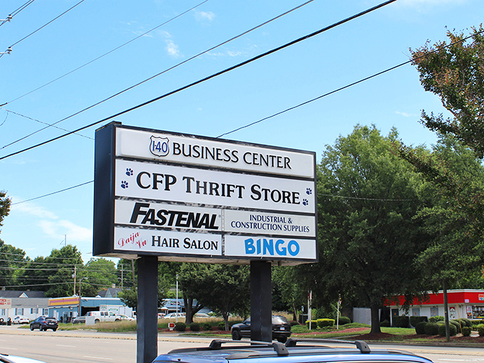 Like a roadside billboard from a Wes Anderson film, this sign promises thrifting adventures alongside hair salons and bingo &ndash; the trifecta of suburban excitement.