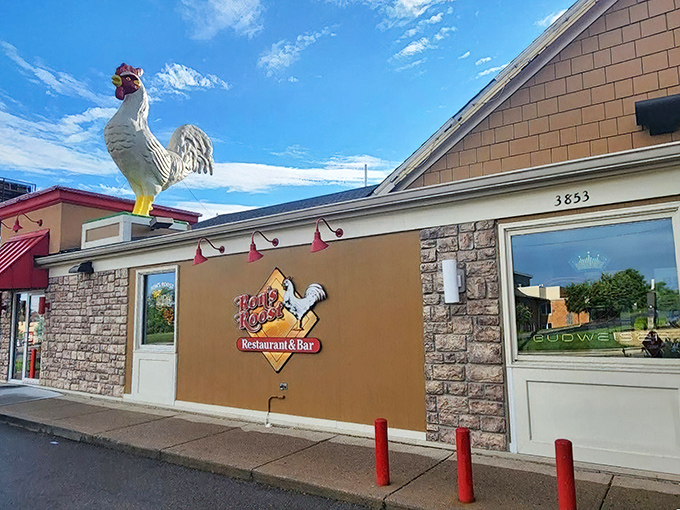 The iconic red awning and rooster sign of Ron's Roost welcomes hungry visitors like a beacon of comfort food salvation in Cincinnati's Bridgetown neighborhood.