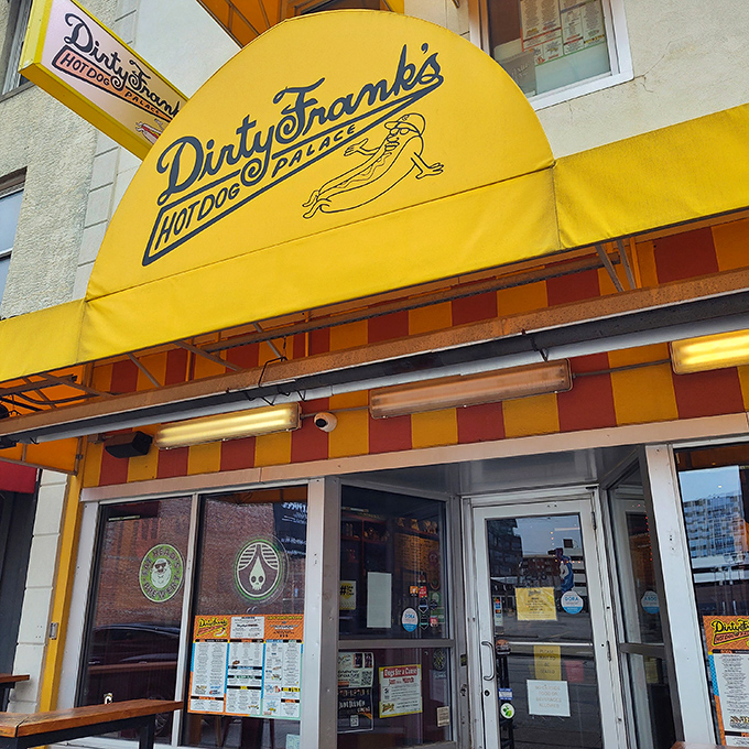 Dirty Frank's iconic signage features their mascot &ndash; a hot dog with legs &ndash; practically dancing with joy. Wouldn't you dance too if you were this delicious?