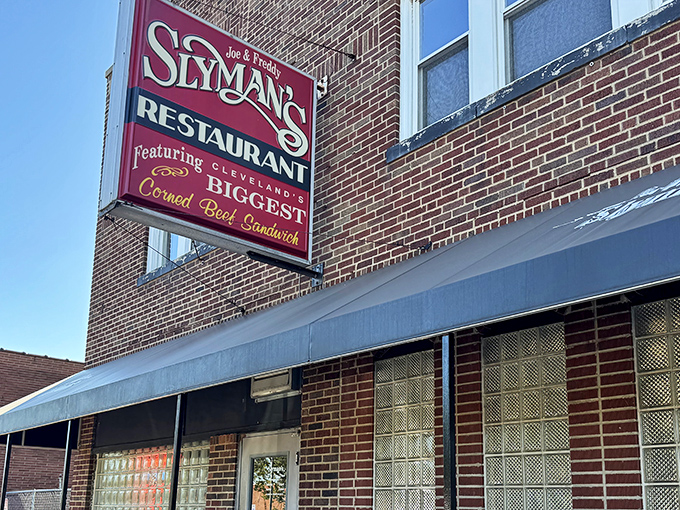 The iconic red sign promises "Cleveland's BIGGEST Corned Beef Sandwich" &ndash; a claim that isn't marketing hyperbole but delicious reality.