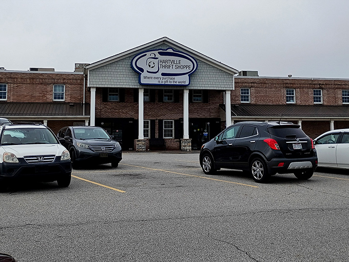 The welcoming facade of Hartville Thrift Shoppe promises treasure hunting adventures within. That sign isn't kidding&mdash;every purchase really does give twice.