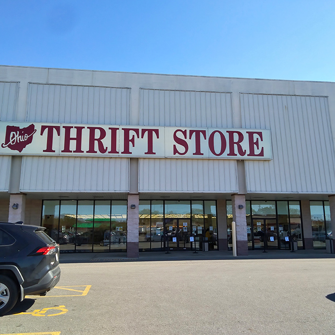 The iconic red-on-white signage of Ohio Thrift Store promises treasure hunting adventures that won't break the bank.