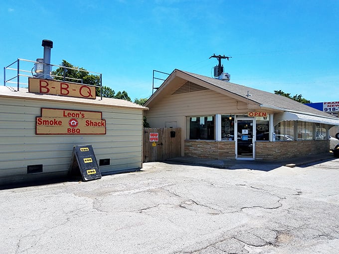 The unassuming exterior of Leon's Smoke Shack BBQ stands as a beacon to barbecue pilgrims. No fancy frills needed when the smoke does all the talking.
