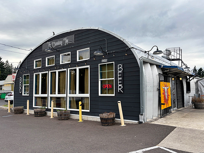 The Quonset hut of happiness! The Smoking Jay's distinctive curved roof and bold "BBQ" signage promises smoky delights within this Milwaukie treasure.