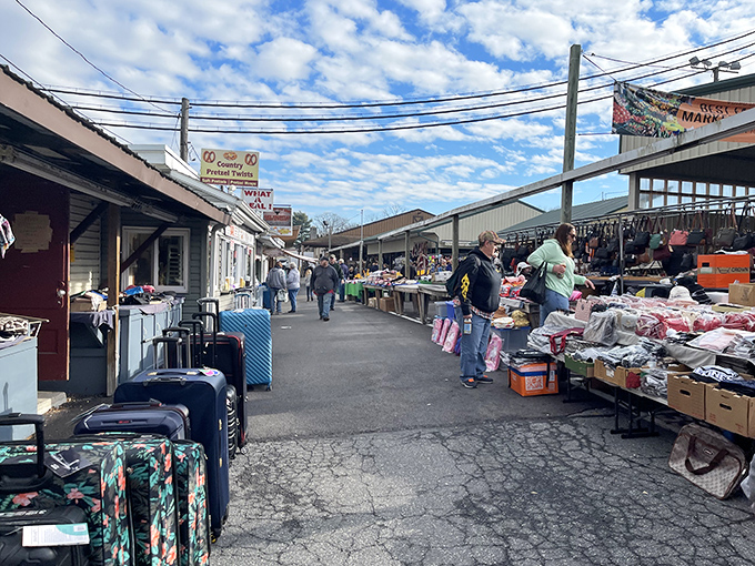 Treasure hunters navigate the outdoor market's maze of possibilities, where luggage, linens, and local crafts compete for your attention and trunk space.