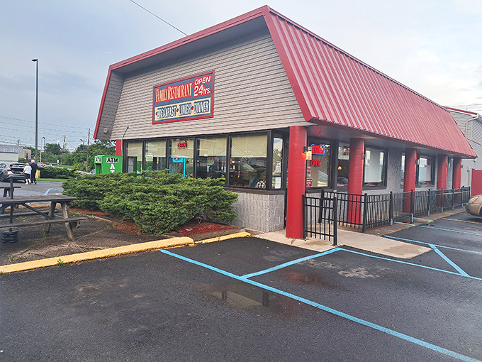 The iconic red-roofed Viewmont Diner stands like a beacon of breakfast hope on Scranton Carbondale Highway, promising comfort food salvation to hungry travelers.
