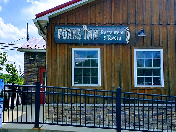 The rustic wooden exterior of Fork's Inn promises what every great Pennsylvania tavern should: authentic food without the fuss.