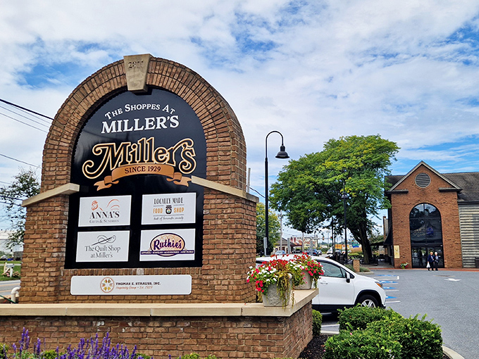 The iconic brick archway entrance to Miller's stands like a culinary Stonehenge, beckoning hungry travelers with promises of Pennsylvania Dutch delights within.