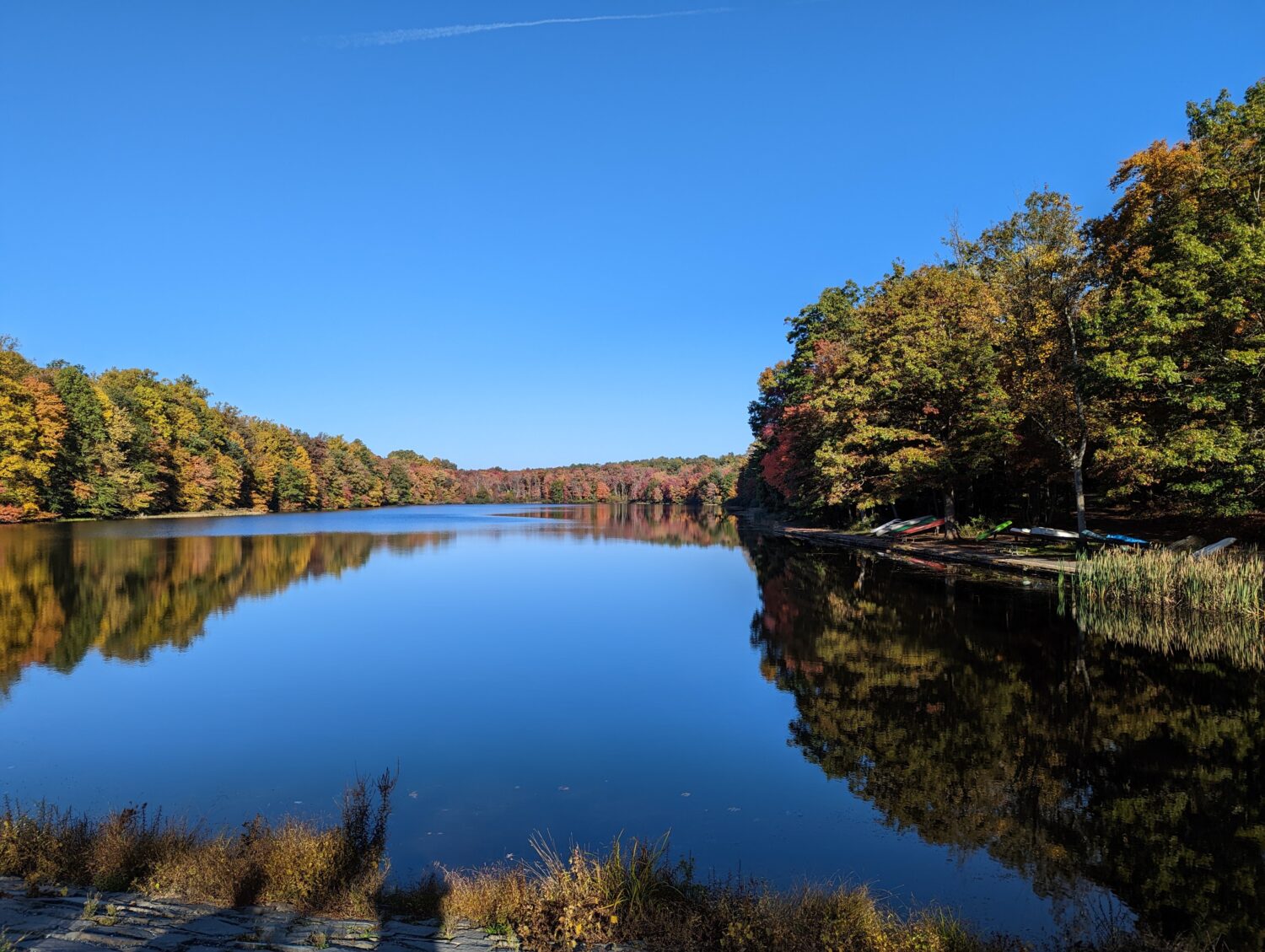 Mirror-like waters reflect autumn's fiery palette at French Creek State Park, nature's own masterpiece that changes with each passing season.