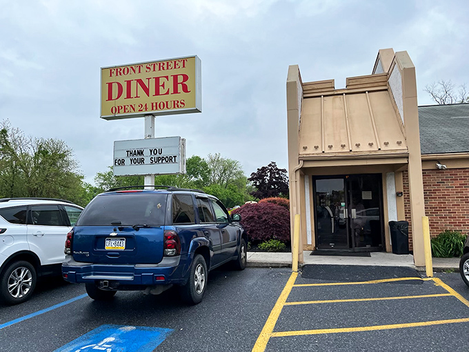 The iconic Front Street Diner sign promises 24-hour comfort food salvation for hungry Harrisburg residents. Thank you for your support, indeed!