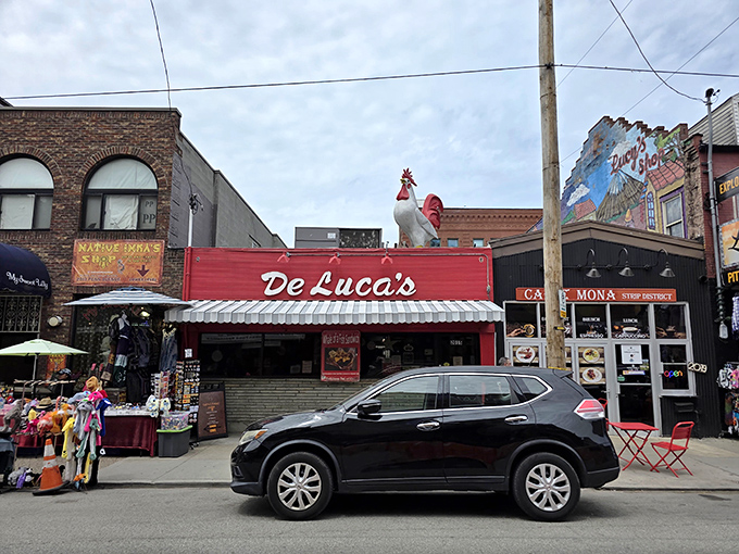 The iconic red storefront with its famous rooftop chicken &ndash; Pittsburgh's breakfast bat signal for those in the know. DeLuca's doesn't need fancy signage when the food speaks volumes.