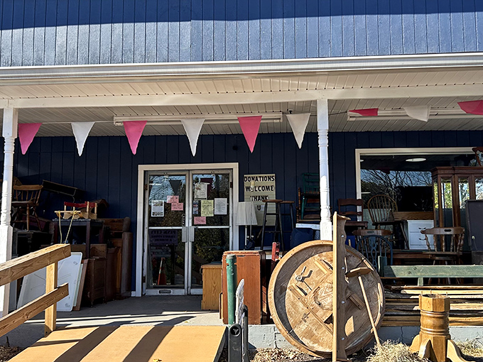 The blue exterior with festive pink and white bunting sets the stage for treasure hunting adventures that await inside this Sellersville gem.