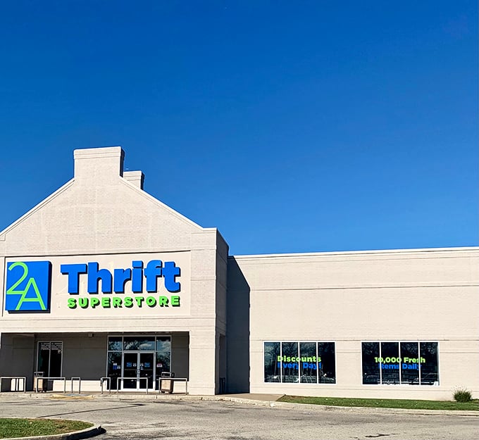 The iconic blue and green signage of 2nd Ave Thrift Superstore stands out against the clear Philadelphia sky, beckoning bargain hunters from miles around.