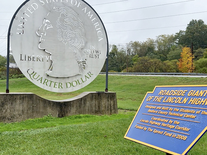 The Giant Quarter stands proudly along Route 30, making Washington's profile large enough to cast a shadow you could picnic in.