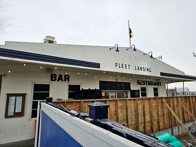The naval-inspired exterior of Fleet Landing stands proudly against Charleston's skyline, a white and blue beacon for hungry sailors and landlubbers alike.