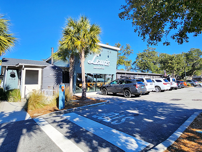 A wider view of Lewis Barbecue's inviting exterior, where the South Carolina sunshine seems to know this is the place to shine.