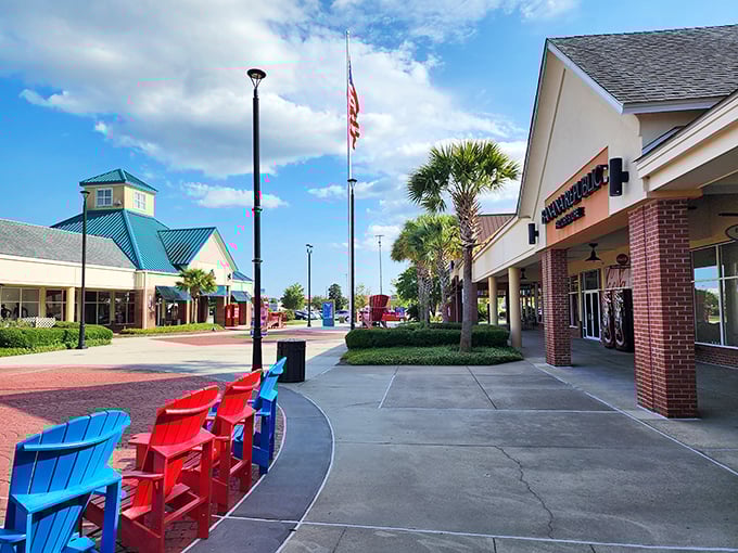 Those colorful Adirondack chairs aren't just for show&mdash;they're relationship savers when one partner needs "just five more minutes" in the next store.