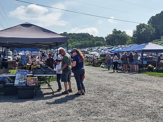 Treasure hunters navigate the gravel pathways between canopies, where one person's castoffs become another's prized possessions. Weekend adventures await!