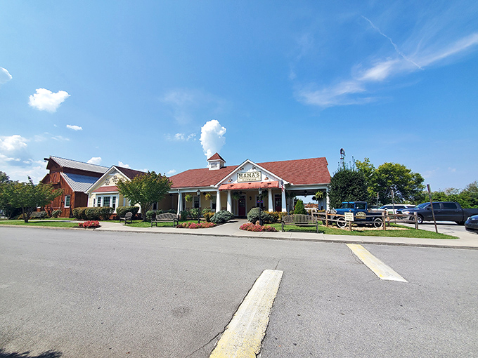 A wider view reveals Mama's Farmhouse in all its Southern glory, where cars in the parking lot suggest you're not the only one who got the memo about those biscuits.