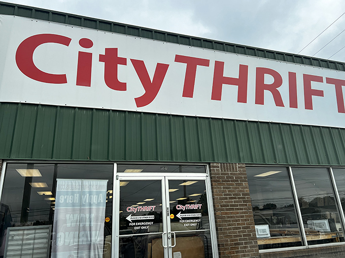 The green fortress of frugality beckons with its bold red signage, promising treasures within that won't empty your wallet.