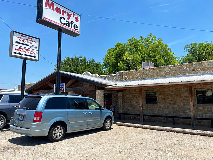 The unassuming exterior of Mary's Cafe stands like a beacon of hope for hungry travelers on the Texas plains.