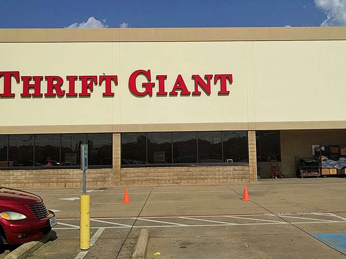 That bold red lettering against the pale exterior isn't just a sign&mdash;it's a siren call to bargain hunters everywhere.