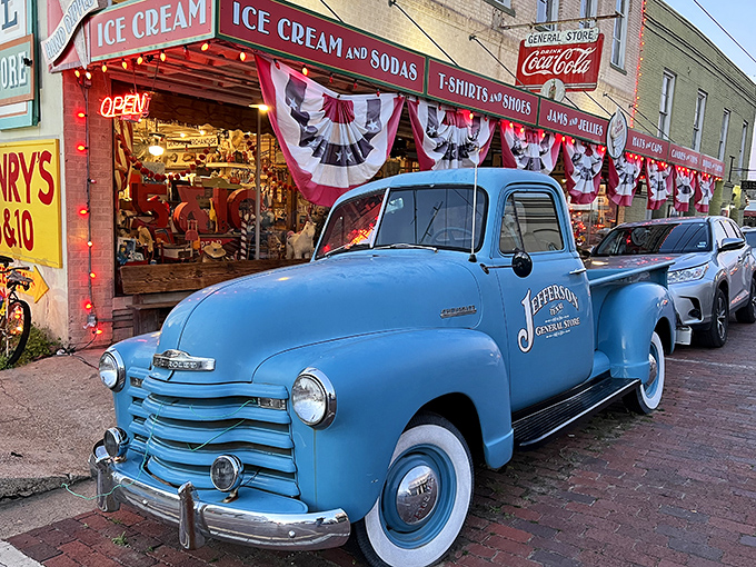 The iconic blue Chevy pickup parked outside isn't just decoration&mdash;it's a time machine with wheels, inviting you into Jefferson's sweetest historical treasure.