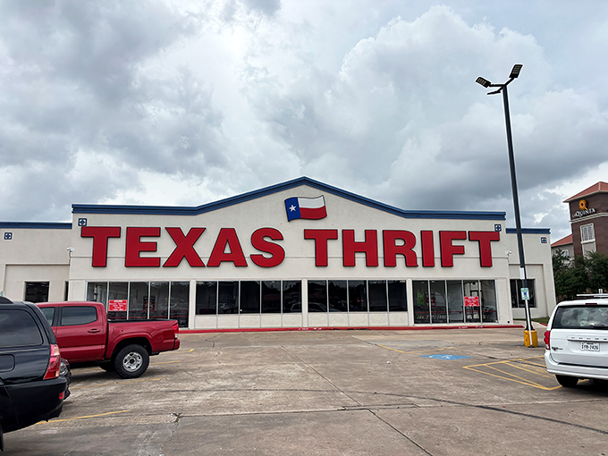 The Texas flag proudly crowns this bargain hunter's paradise on Westheimer Road, where treasures await behind those unassuming glass doors.