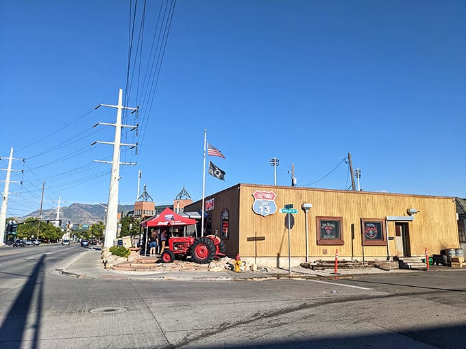 From another angle, Lucky 13 reveals its true character &ndash; a humble shrine to burger perfection where the Wasatch Mountains stand guard in the background.